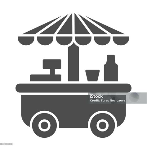 바퀴 단단한 아이콘에 거리 포장 마차 시장 개념 흰색 배경에 거리 판매 카트 표지판 모바일 및 웹에 대한 글리프 스타일의 어닝