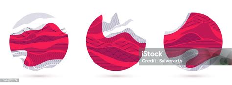 동양 일본식 벡터 추상 삽화는 원 모양의 붉은 색 아시아 전통 스타일의 배경 물결 모양의 모양과 산 지형 바다 선처럼 콧물로 설정됩니다 0명에 대한 스톡 벡터 아트 및 기타