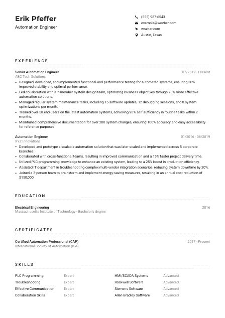 Automation Engineer Resume Example