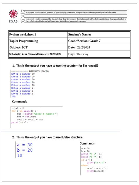 Python Worksheet 1 G7 Pdf