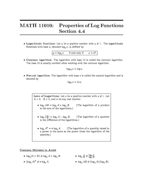 Properties Of Log Functions Section 4 Logarithmic Functions Letabe A Positive Number Witha 6