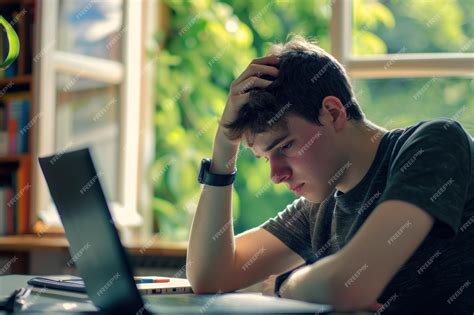 Bored Sad Young Asian Guy Sitting At Desk Using Laptop Looking At Pc Screen Thinking About