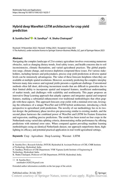 Hybrid Deep Wavenet Lstm Architecture For Crop Yield Prediction