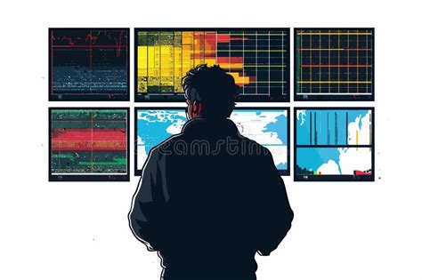 Silhouette Of Hacker In Front Of Multiple Screens Isolated Illustration Stock Vector