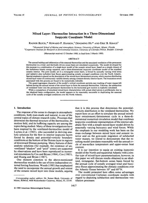 Pdf Mixed Layer Thermocline Interaction In A Three Dimensional Isopycnic Coordinate Model
