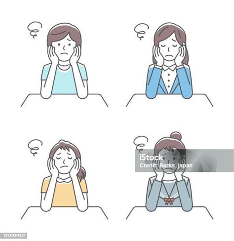 젊은 여자 일러스트 는 앉아서 그녀의 손에 그녀의 턱을 휴식 걱정하는에 대한 스톡 벡터 아트 및 기타 이미지 걱정하는 과로 낙서 드로잉 Istock