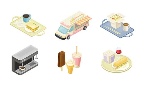거리 및 패스트 푸드 개체 트럭 핫도그 아이스크림 파스타 커피 머신 벡터 일러스트 레이 션 거리에 대한 스톡 벡터 아트 및 기타 이미지 Istock
