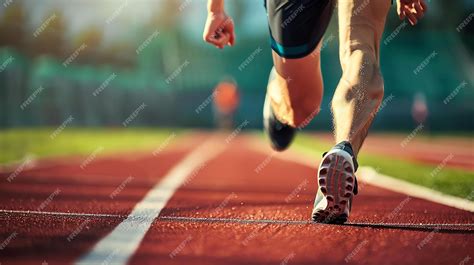 Premium Photo Male Runners Legs And Shoe Close Up Sprinter Leaving Starting Blocks Track And