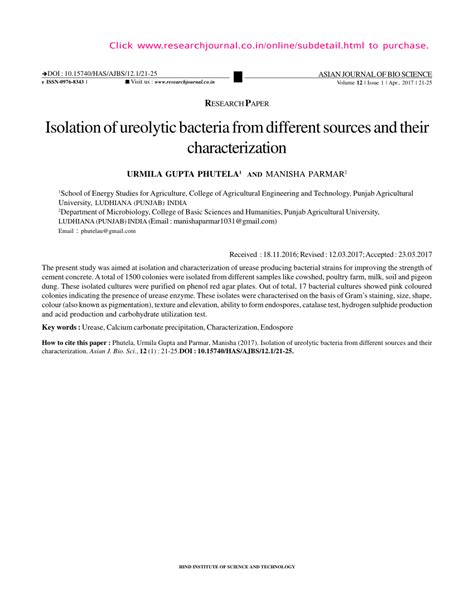 Pdf Isolation Of Ureolytic Bacteria From Different Sources And Their Characterization