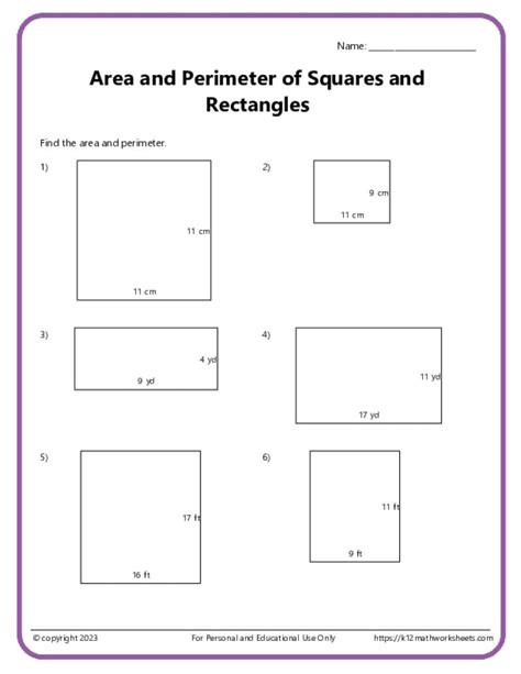 Area And Perimeter Of Rectangles And Squares K12 Math Worksheets