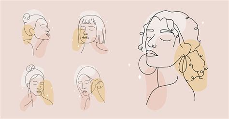 추상적인 여성의 얼굴이 있는 포스터 세트 컬러 스팟에 미니멀 한 여성 초상화 손으로 그린 윤곽 여성 실루엣 한 줄 드로잉