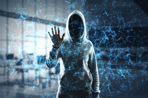 Premium Photo Hacker Standing In Abstract Blurry Office Interior With Premium Photo Hacker Standing In Abstract Blurry Office Interior With