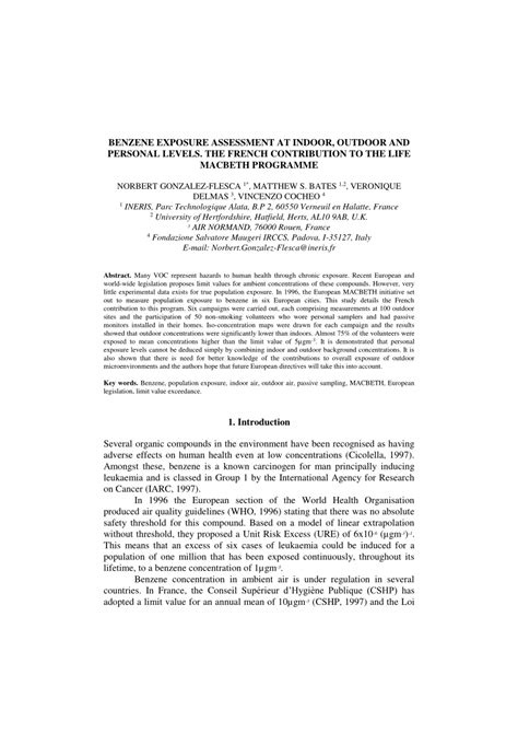 Pdf Benzene Exposure Assessment At Indoor Outdoor And Personal Levels The French