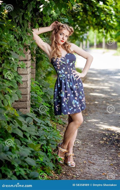 Pin Up Girl Blonde In Blue Dress Stock Image Image Of Femininity
