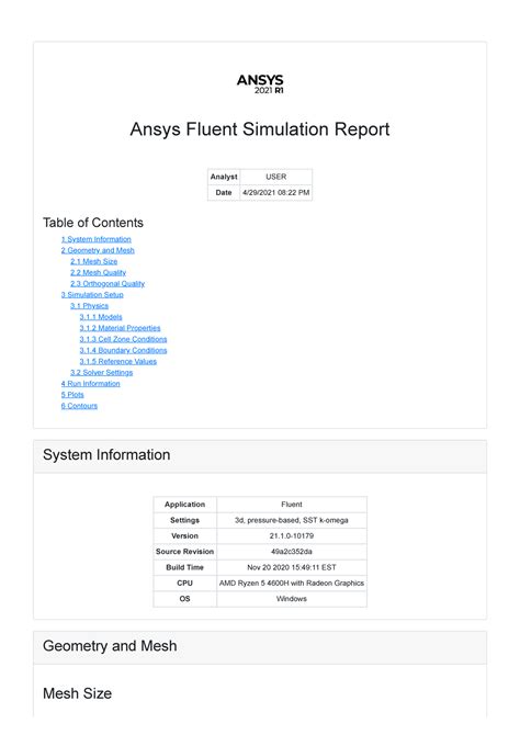 1 Ansys Fluent Simulation Report Ansys Fluent Simulation Report Table Of Contents 1 System
