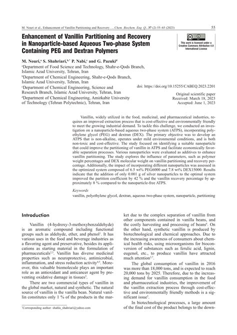 Pdf Enhancement Of Vanillin Partitioning And Recovery In Nanoparticle