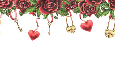 발렌타인 데이에는 리본에 매달린 금색 열쇠 자물쇠 및 하트가 달린 빨간 장미 손으로 그린 수채화 그림입니다 흰색 배경에 매끄러운