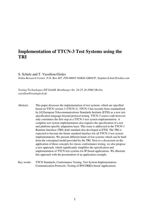 Pdf Implementation Of Ttcn 3 Test Systems Using The Tri