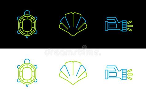 set line flashlight turtle and scallop sea shell icon vector stock