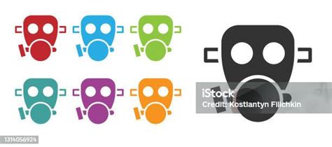 흰색 배경에 격리 된 검은 색 방독면 아이콘 호흡보호구 표지판 다채로운 아이콘을 설정합니다 벡터 개념에 대한 스톡 벡터 아트 및 기타 이미지 Istock