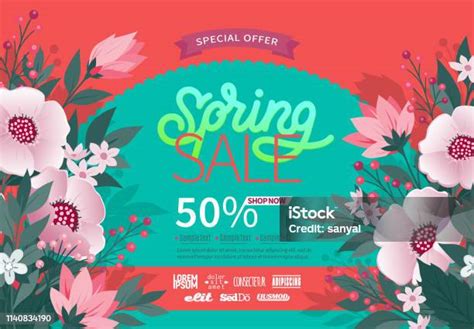 녹색 나뭇잎과 유행 기하학적 배경에 꽃 봄 배경입니다 벡터 일러스트입니다 포스터 전단지 브로셔 또는 바우처를 위한 신선한 템플릿 디자인 0명에 대한 스톡 벡터 아트 및 기타