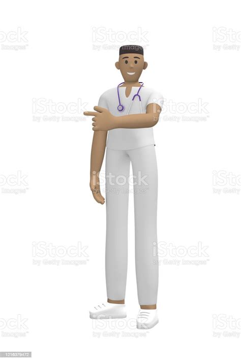 의료 캐릭터 양복을 입은 젊은 아프리카 남자 의사가 공간을 복사하기 위해 손가락을 가리킵니다 흰색 배경에 고립 된 만화 사람 3d 렌더링 건강관리와 의술에 대한 스톡 사진