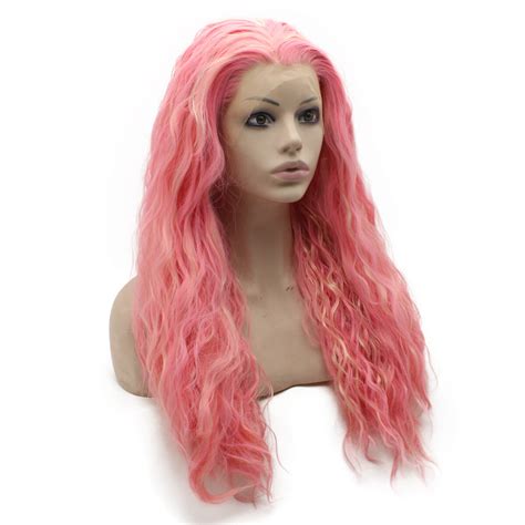 Long Kinky Straight Lace Front Wig Blonde Pink Mix Hand Tied Halloween Party Wig