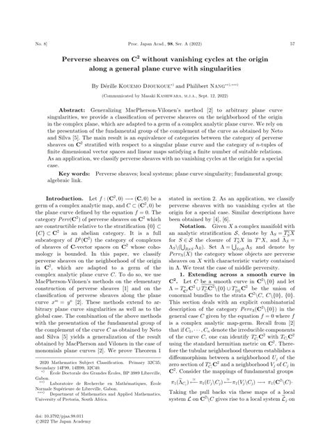 Pdf Perverse Sheaves On Mathbf{c} {2} Without Vanishing Cycles At The Origin Along A