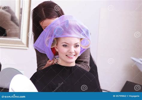 Beautiful Blond Girl Hair Curlers Rollers Hairdresser Beauty Salon