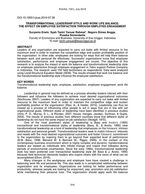 Transformational Leadership Style And Work Life Balance The Effect On Employee Satisfaction