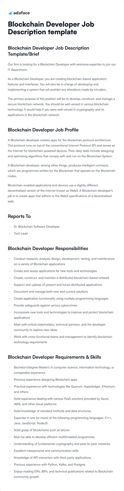 Blockchain Developer Job Description Template Adaface
