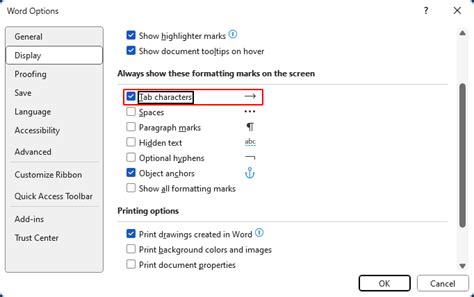 how to show or hide tab characters in word
