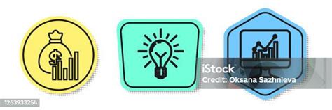세트 라인 머니 백 과 다이어그램 그래프 광선 광택과 아이디어의 개념과 그래프 차트와 컴퓨터 모니터와 전구를 설정합니다 컬러