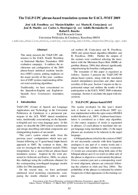 Pdf The Talp Upc Phrase Based Translation System For Eacl Wmt 2009