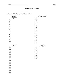 Trig Identies And Proofs Quiz By Beth Purl TPT
