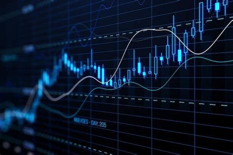 어두운 파란색 흐릿한 배경 3d 렌더링에 대한 디지털 재무 차트 그래프 다이어그램 및 지표를 사용하여 주식 시장 성장 비즈니스 투자 및 데이터 개념의 원근 보기 프리미엄 사진