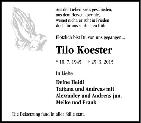 Traueranzeigen Von Tilo Koester Trauer In Nrw De