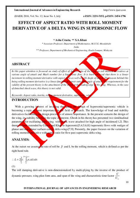 Pdf Effect Of Aspect Ratio With Roll Moment Derivative Of A Delta Wing In Supersonic Flow