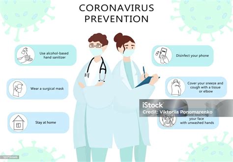 코로나 바이러스를 방지하기위한 조치를 보여주는 인포 그래픽 마스크의 의사들은 19 의 위생 규칙을 보여줍니다 소독제 소독 전화 팔꿈치에 기침 벡터 플랫 일러스트레이션입니다