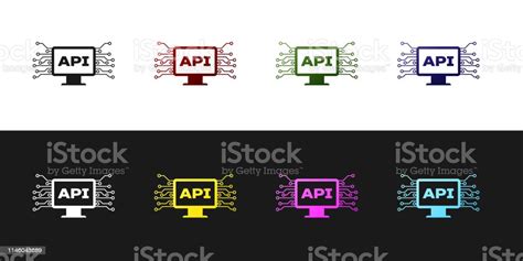 흑백 배경에 고립 된 컴퓨터 Api 인터페이스 아이콘을 설정 합니다 애플리케이션 프로그래밍 인터페이스 Api 기술 소프트웨어