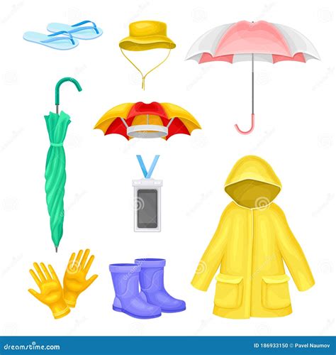 Waterproof Clothes And Things For Rainy Weather Condition With Yellow