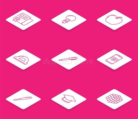 Set Line Certificate Template Light Bulb With Concept Of Idea Apple Protractor Grid For