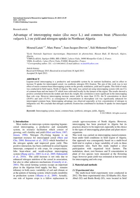 Pdf Advantage Of Intercropping Maize Zea Mays L And Common Bean Phaseolus Vulgaris L On
