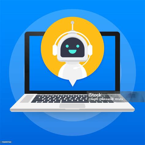 채팅 봇 사용 하 여 랩톱 컴퓨터 웹 사이트 또는 모바일 응용 프로그램의 가상 지원 로봇 음성 지원 서비스 로봇 온라인 지원 로봇입니다 벡터 일러스트입니다 챗봇에 대한 스톡