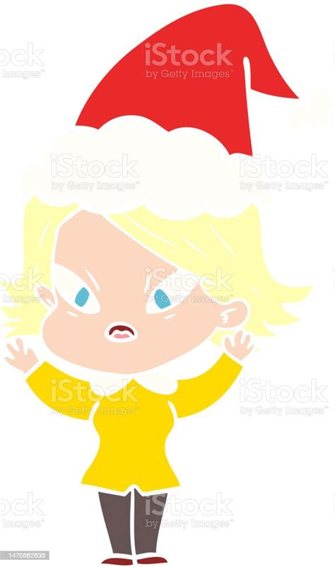 산타 모자를 쓰고 스트레스를 받는 여성의 손으로 그린 평면 컬러 그림 낙서 드로잉에 대한 스톡 벡터 아트 및 기타 이미지