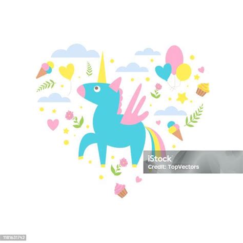 매직 유니콘 구름과 아이스크림의 하트 모양 귀여운 유치한 포스터 인사말 또는 초대 카드 티셔츠 디자인 요소 벡터 일러스트 를위한 인쇄 0명에 대한 스톡 벡터 아트 및 기타