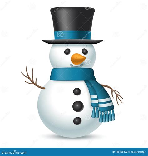 Christmas Snowman With Top Hat And Scarf Isolated On White Background