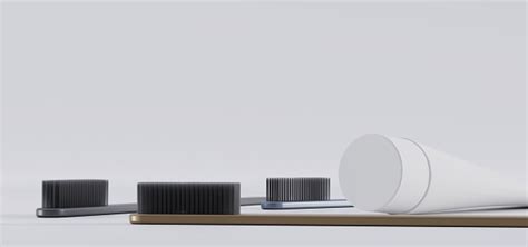 치약 튜브 와 플라스틱 칫솔 세트 회색 배경에 고립 된 치과 치료 및 구강 위생 제품 빈 흰색 포장에 치아를 깨끗하게 하기 위해 모형 페이스트 사실적인 일러스트레이션 3d