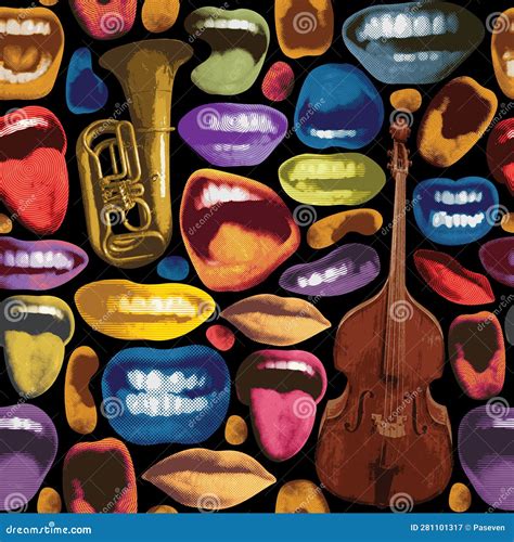 Seamless Pattern With Lips Double Bass And Trumpet Stock Vector