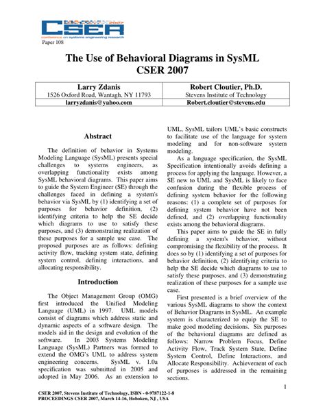 Pdf The Use Of Behavioral Diagrams In Sysml